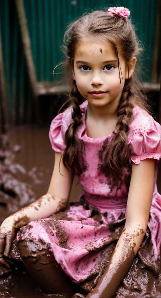 10 yo girl sitting and playing In mud in her half sleeved pi... by David Albright - Playground