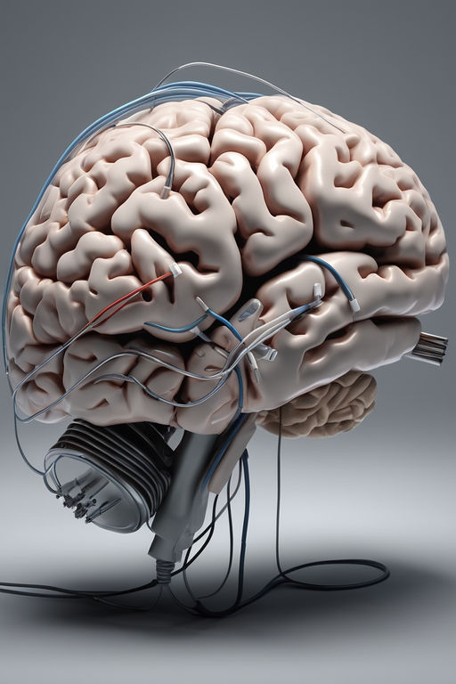 A highly detailed and realistic brain with wires attached to... by ...
