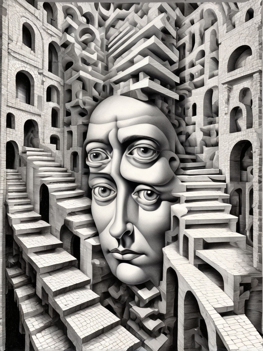 An Escher-like transformation of a face: The scene shows a h... by ...