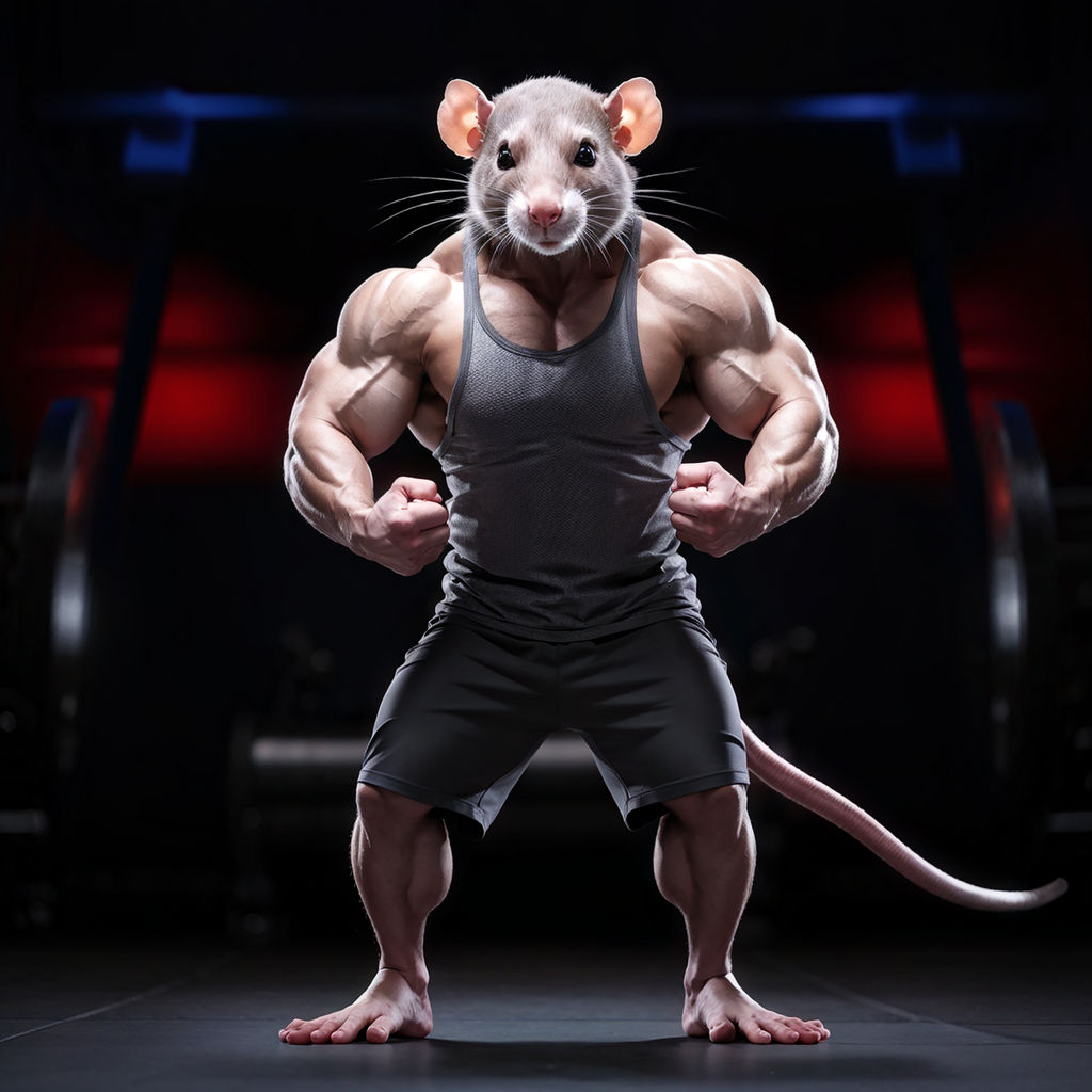 Muscular rat gripping a dumbbell by Roland Carlson - Playground