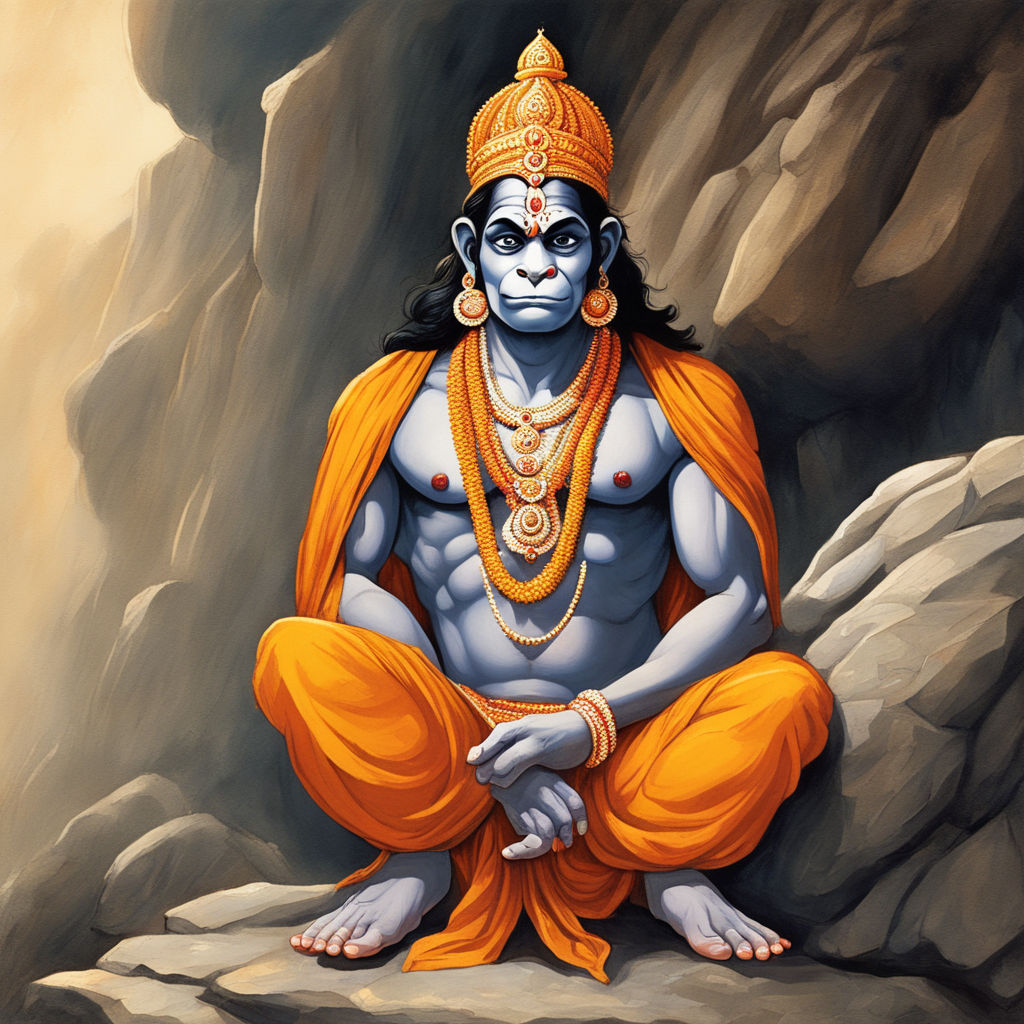 Lord Hanuman sits cross-legged on a rock in a dimly lit cave... by Amit Barua - Playground