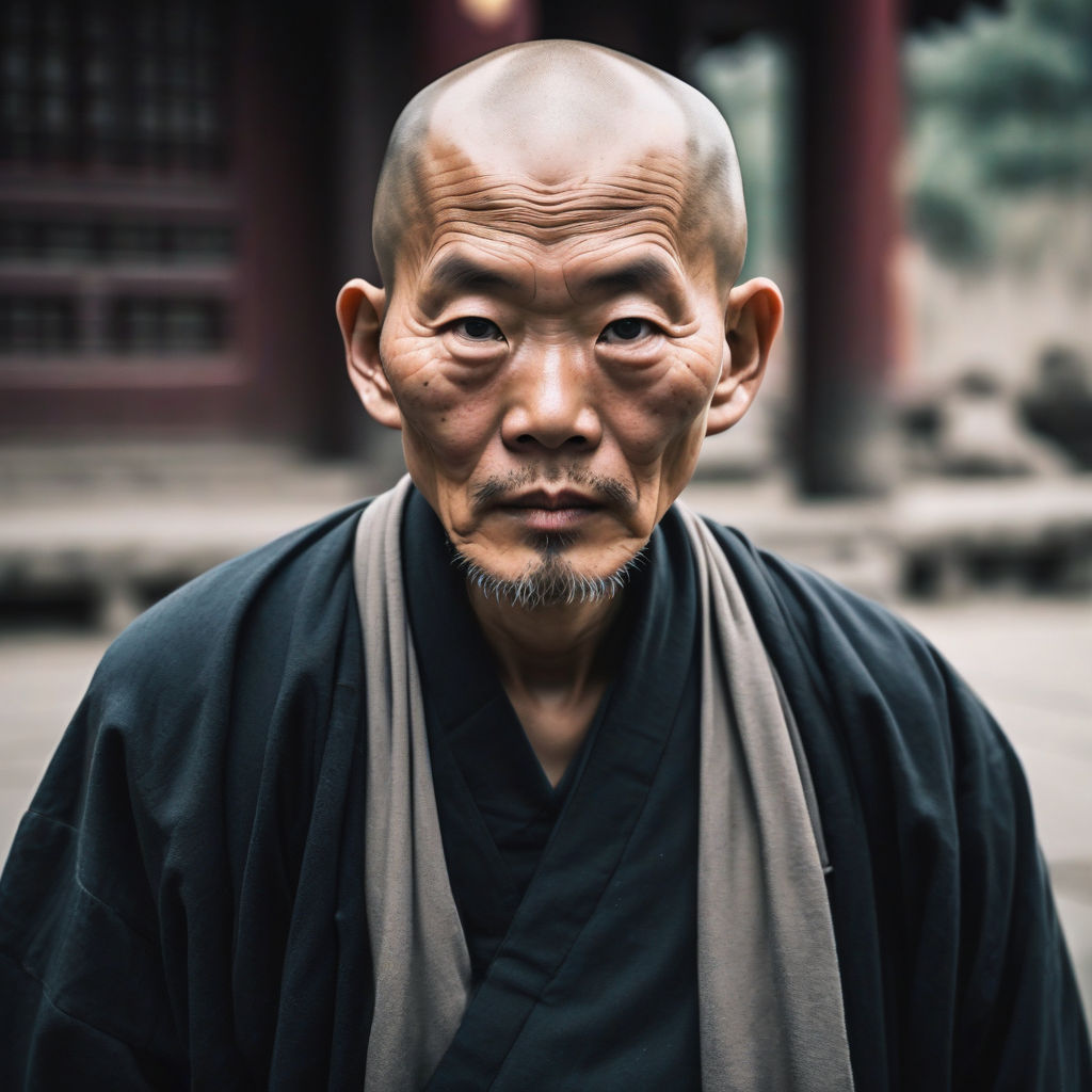 An old chinese monk standing looks straight at the camera hi... by ...