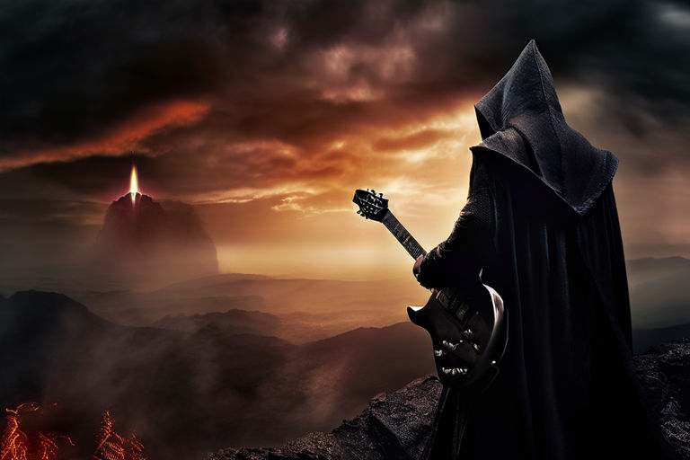 Hooded wizard with electric guitar on top of dark lord sauro... by Drew ...
