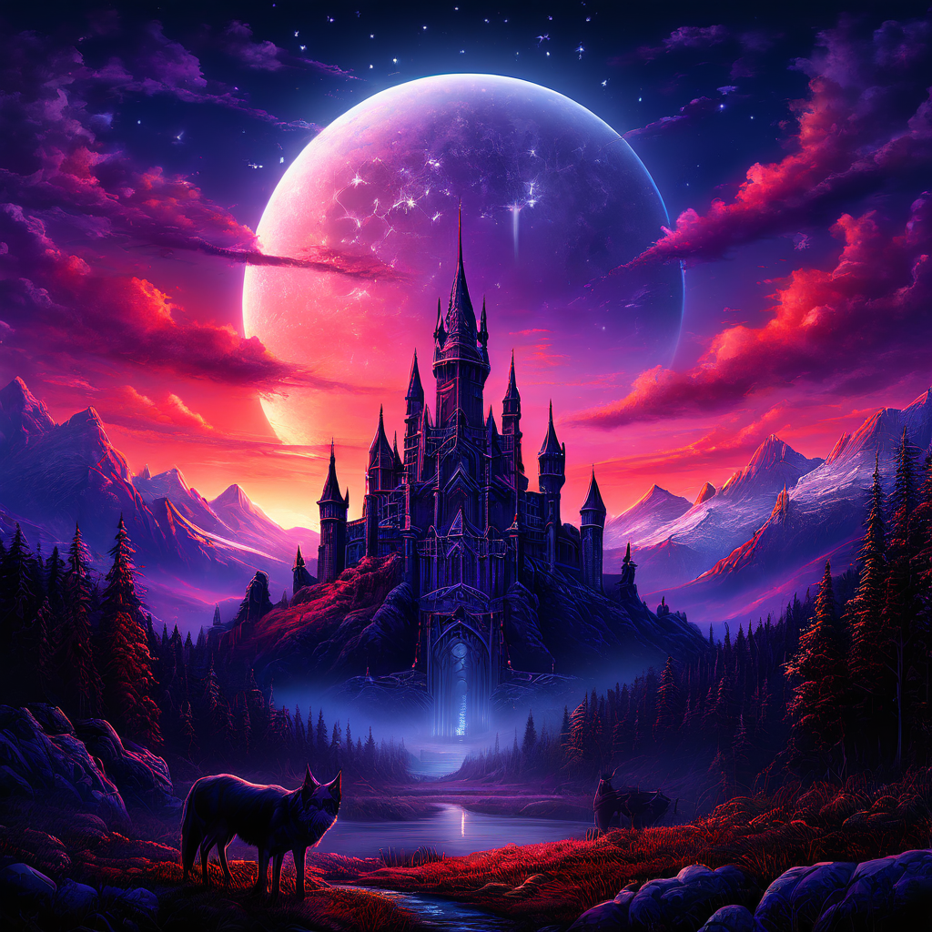Huge gothic vampire castle in mountains all lit up with colo... by ...