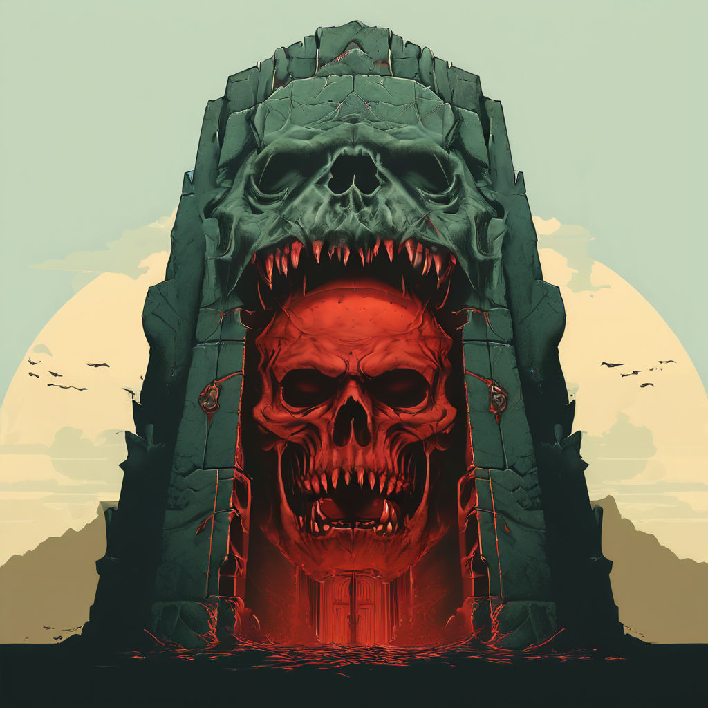 Giant ancient bloody ominous tomb with a facade of jaws by Chel ...