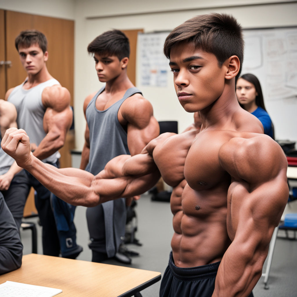 A huge 16 year old bodybuilder flexing in front of his class... by ...