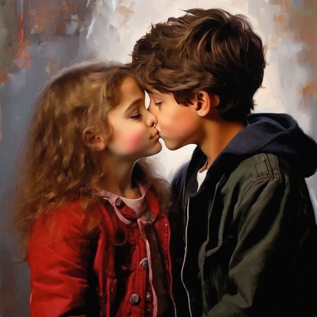 13 year old girl kissing 13 year old boy by Rufus Carder - Playground