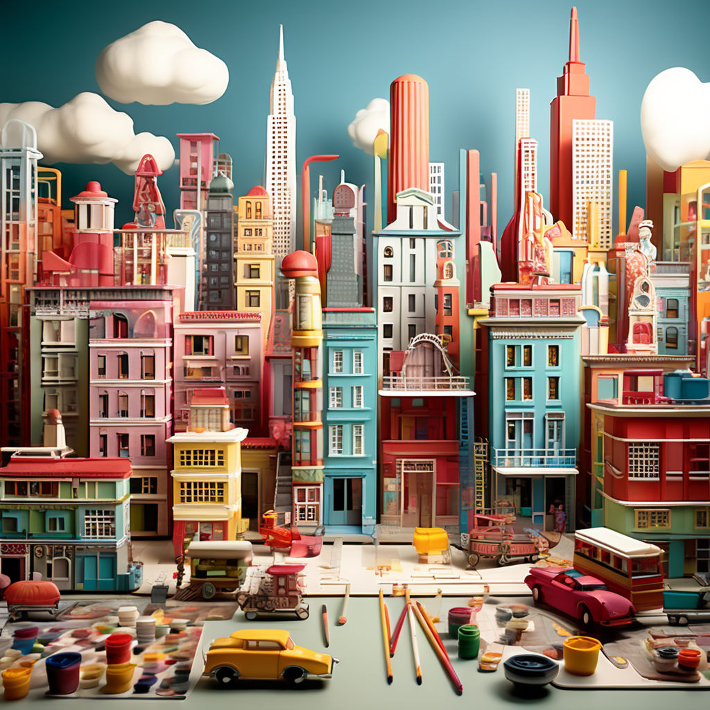 Invent a city where the buildings are in art supplies forms by salma ...