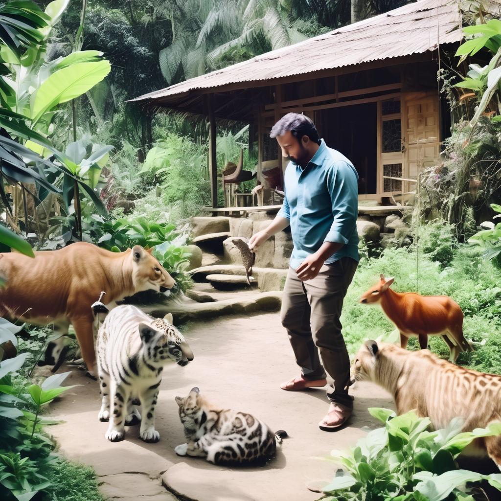 A man playing with wild animals in the garden of the house by Eek Item ...