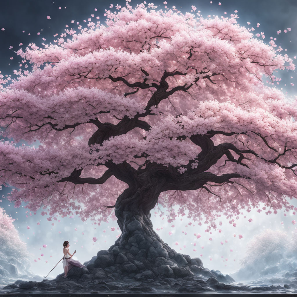 White glossy smoke art Anime style huge cherry blossom tree by zhao wei ...