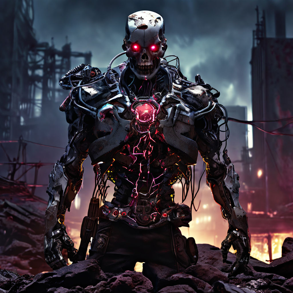 Electropunk/steampunk cyborg murderbot standing on a pile of... by ...