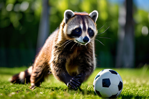 Coati maneuvers a soccer ball on a vibrant green field by jonathan ...