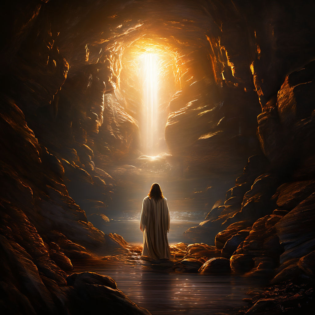 Jesus christ entering a cave with a light shining through hi... by ...