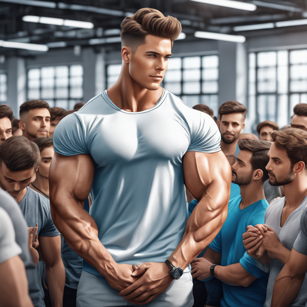 Crowd of men look at the growing giant 25 year old boy model... by Susy ...