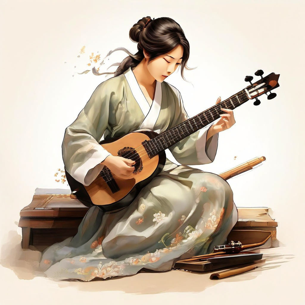 Draw a Korean who plays a Korean traditional instrument by 수륜중gbe-21 ...