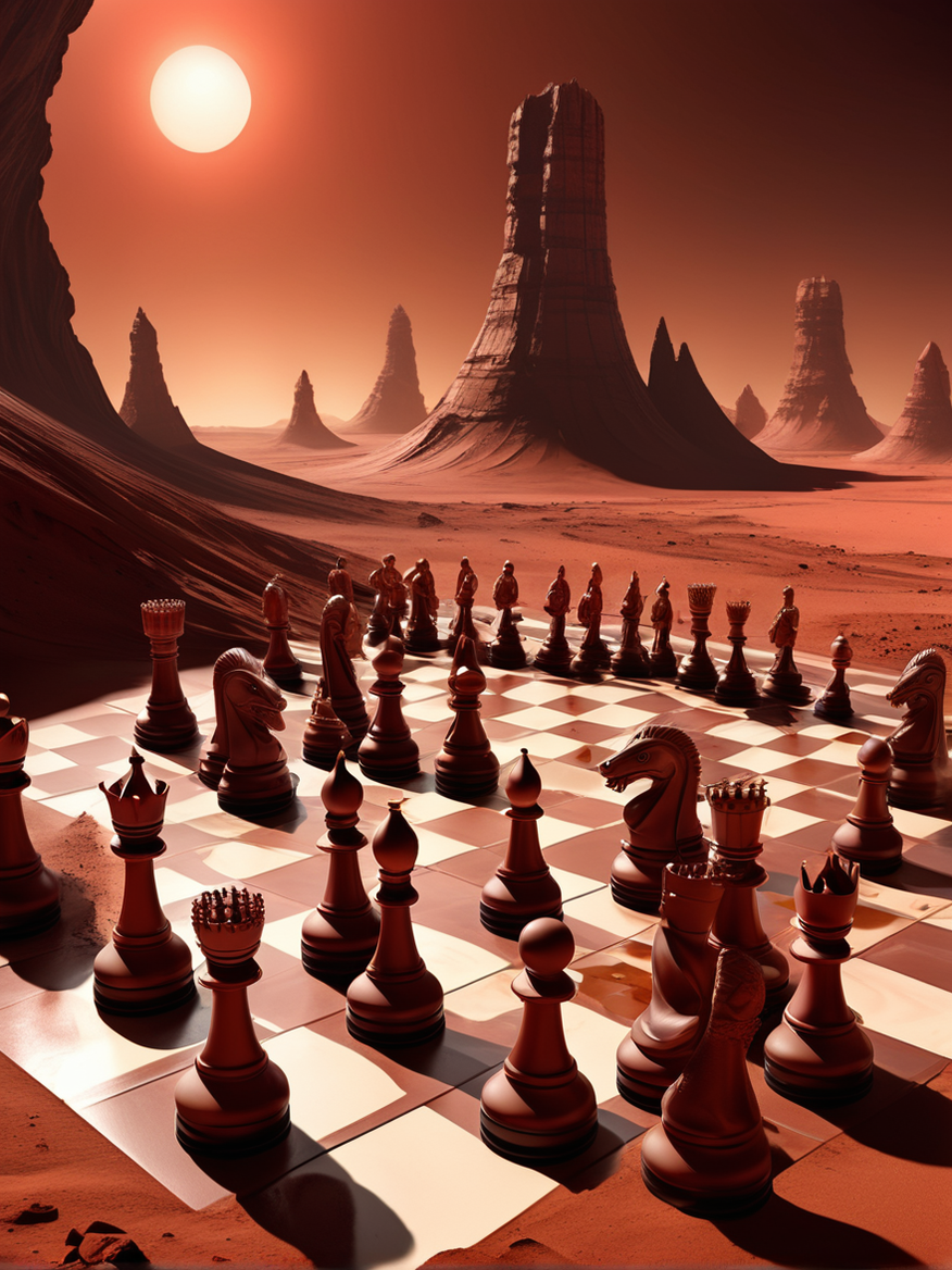 Colossal chess set on Martian terrain by Kristine Jordal - Playground
