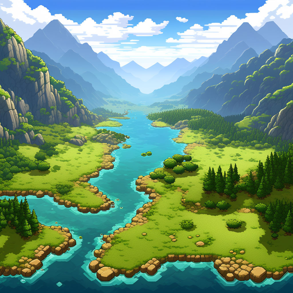 Top-down pixel art tilemap featuring grasslands transitionin... by ...