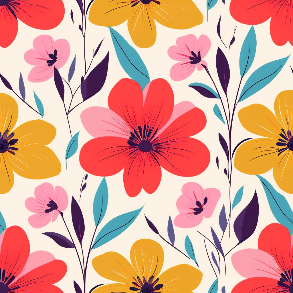 Vibrant Floral Seamless Pattern with Red, Yellow, and Pink Flowers ...