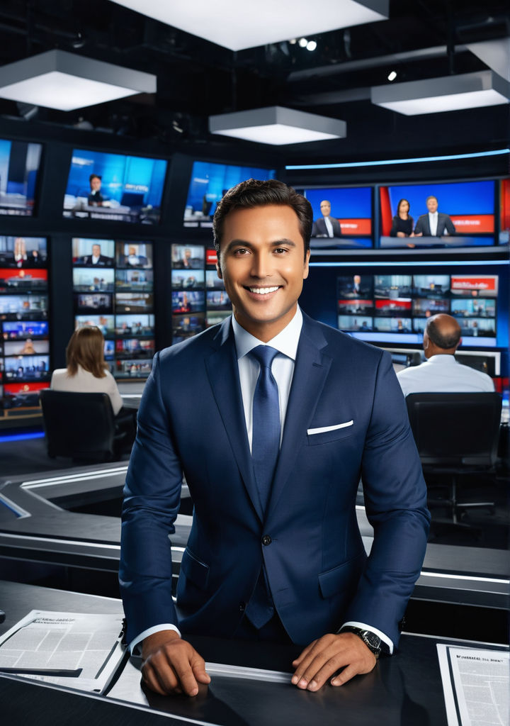 Charismatic news presenters in a bustling studio environment by Lukasz ...