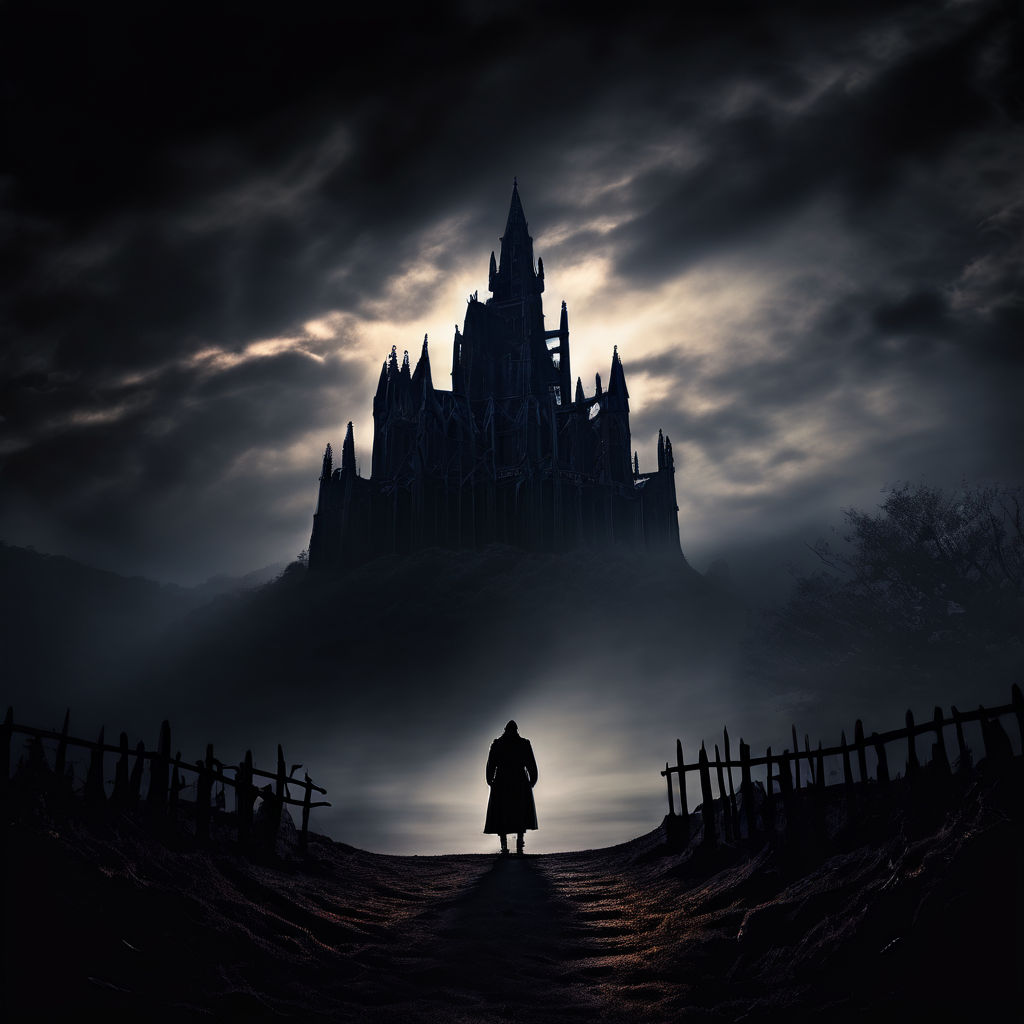 Dark castle looming ominously over a lone figure standing be... by ...