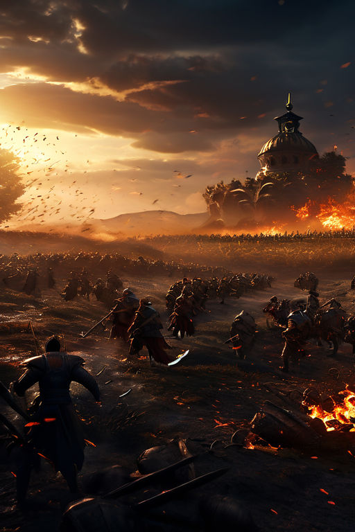 An animated battle scene with various characters and objects... by ...