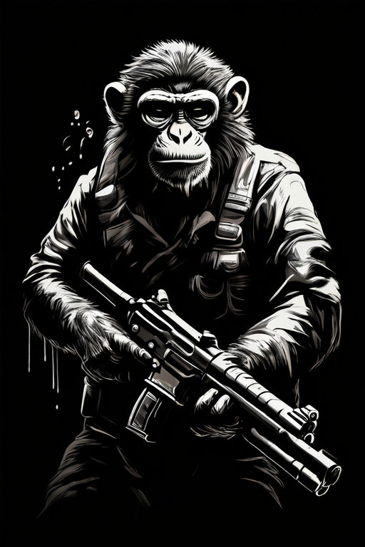 A monochromatic black and white illustration of a monkey fig... by r2d2 ...