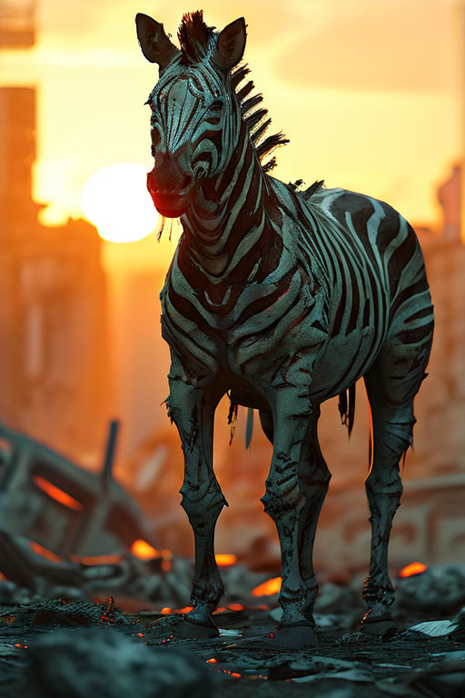 Zombie zebra of colossal stature stands amidst the wreckage ... by ...