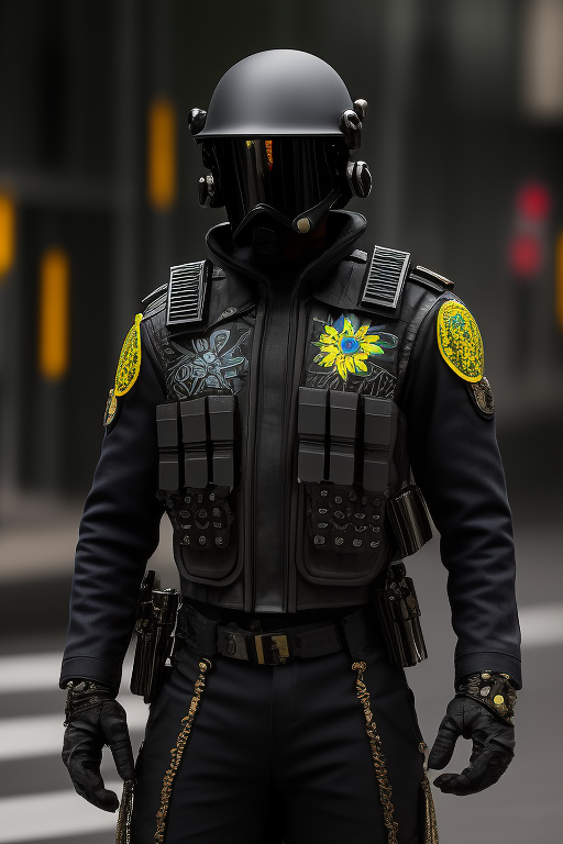 Cyberpunk riot police painted with hippy flowers in his riot... by Ake ...