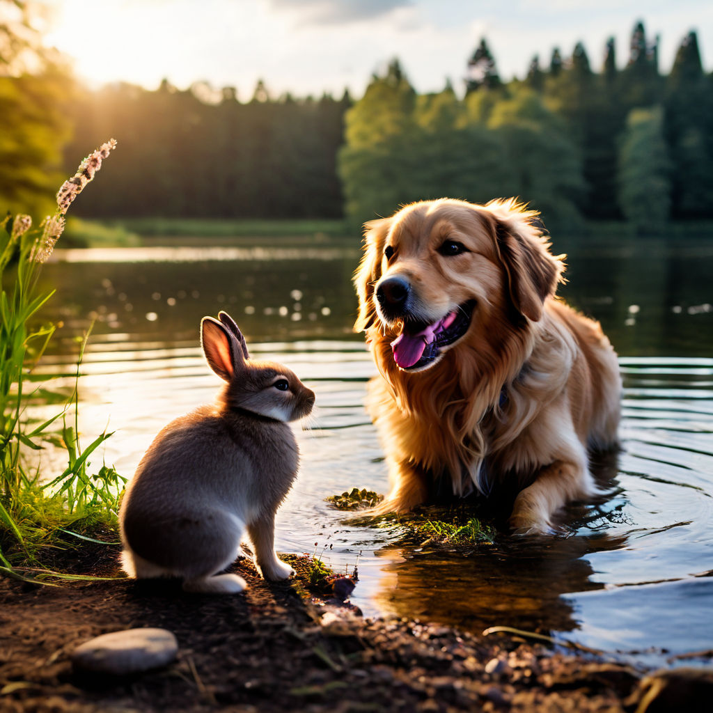 Dog playing happily with rabbit near the lake. by Daman Dilu - Playground