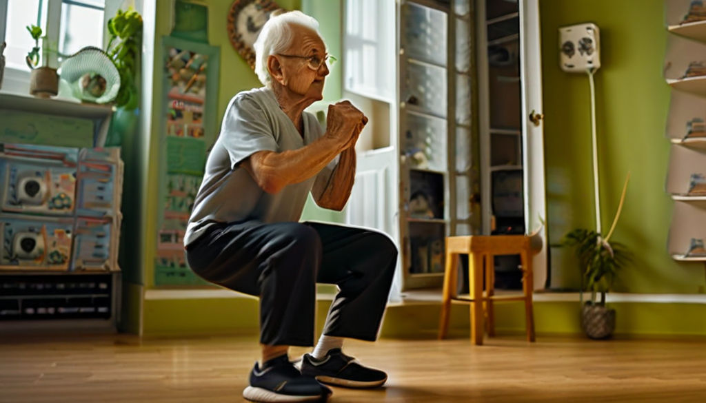 Elderly person doing squats at home. copy exactly the positi... by ...