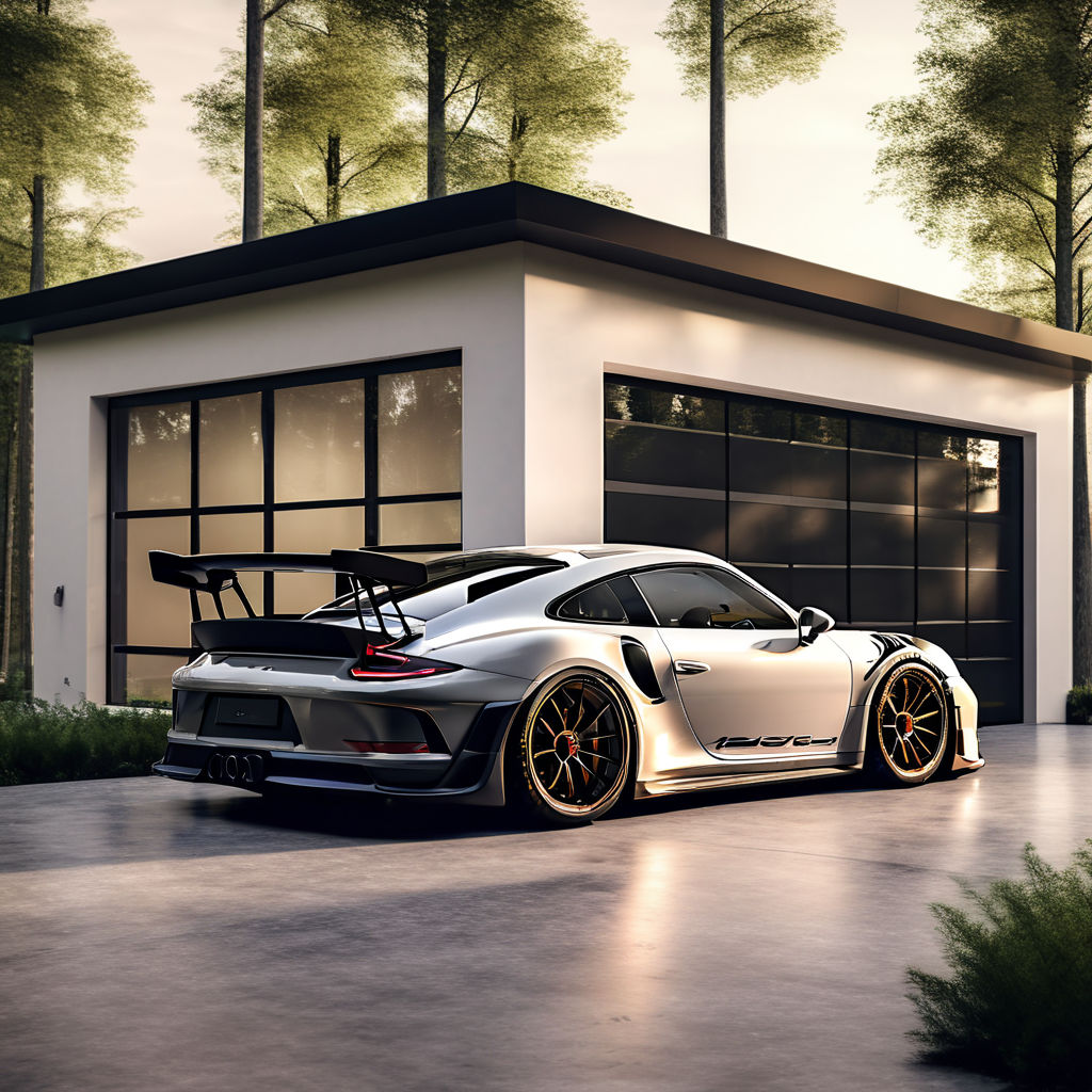A modern garage with a Porsche GT3RS parked inside by Edventures ...