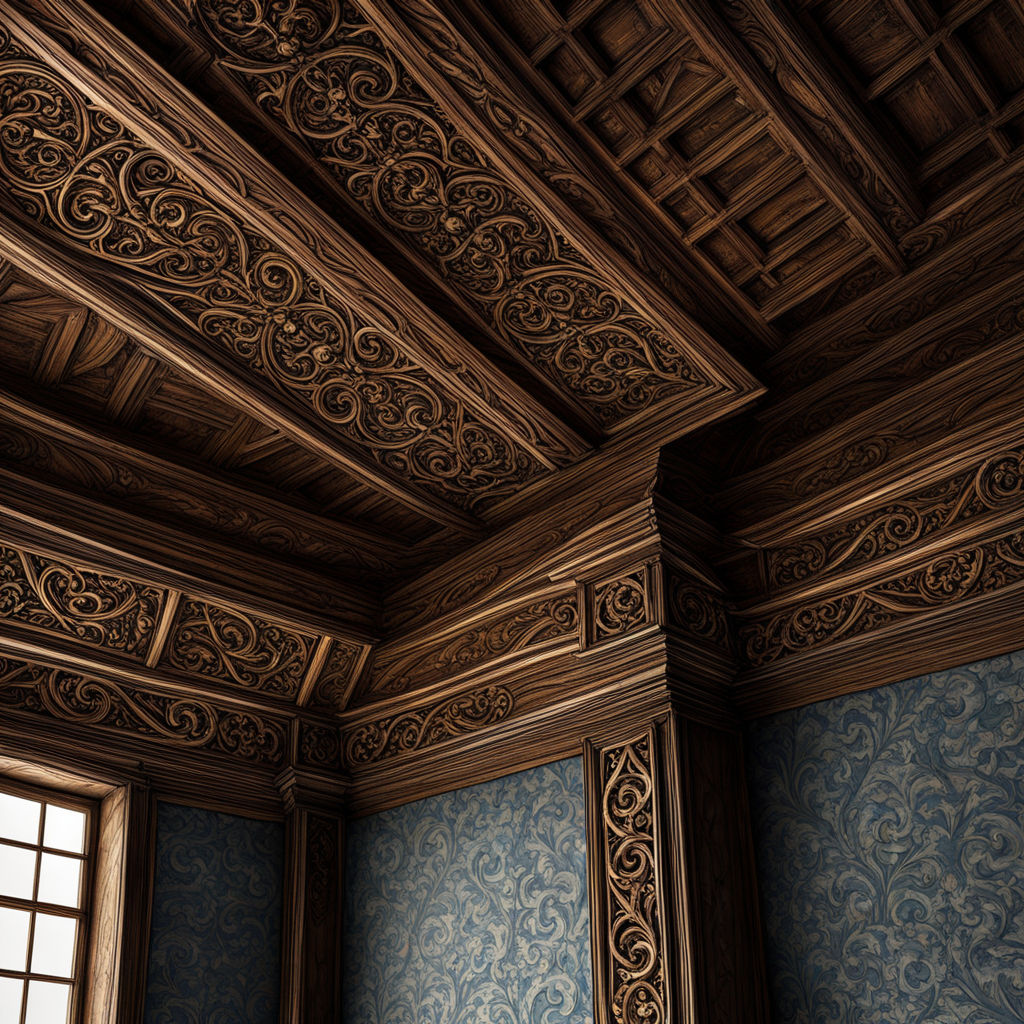 Medieval decorative cornice border of wood at the top of a w... by ...