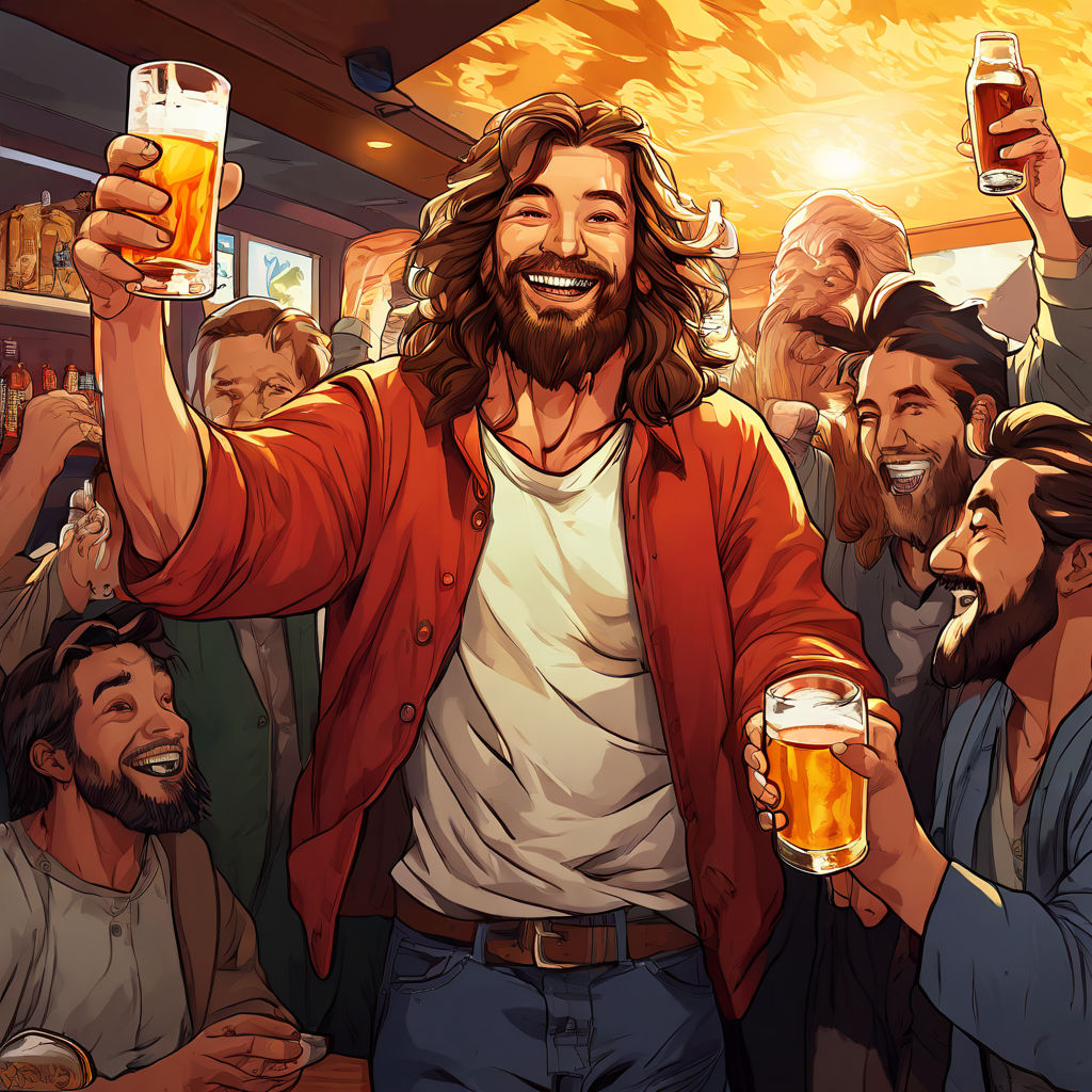 An excited Jesus holding a beer with his disciples in a bar.... by Joe ...