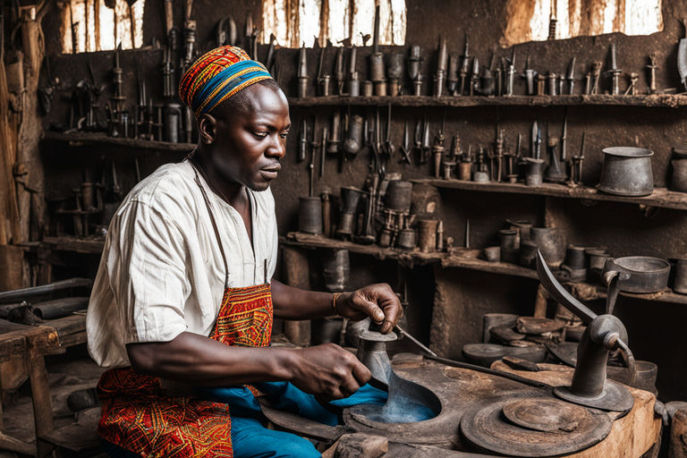 African traditional metal worker in his workshop wearing tra... by ...