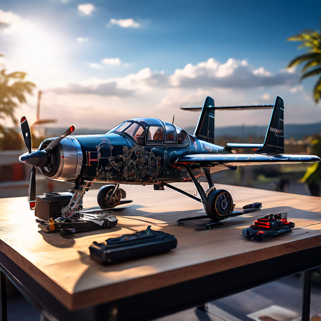 Create me and photo an rc aircraft is placed on a table with... by ...
