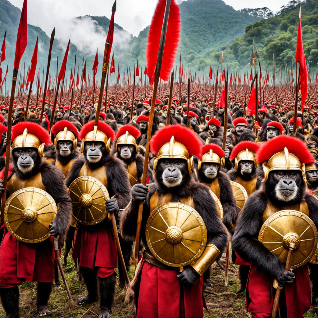 Eager hundred of titi monkeys warriors holding spears by Alex Max - Playground
