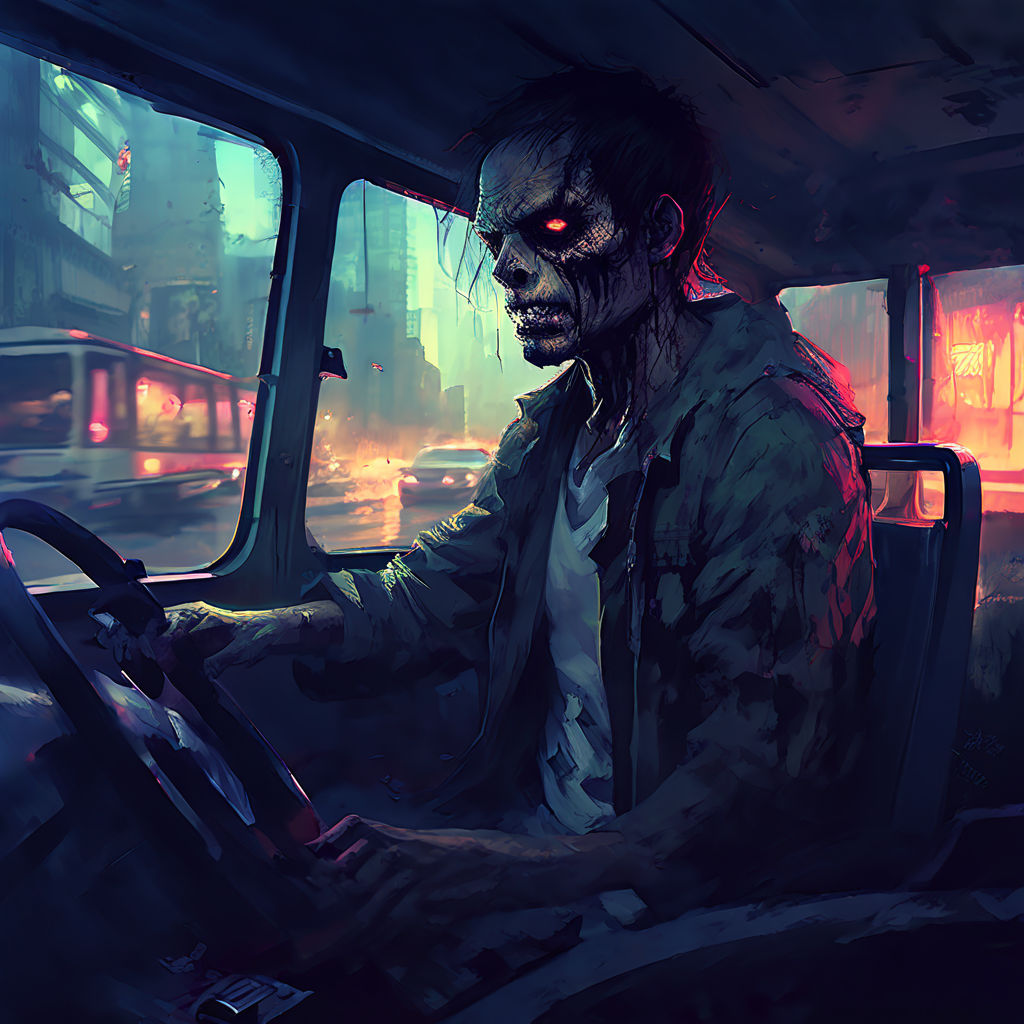 Zombie bus driver navigating through an abandoned cityscape by C E ...