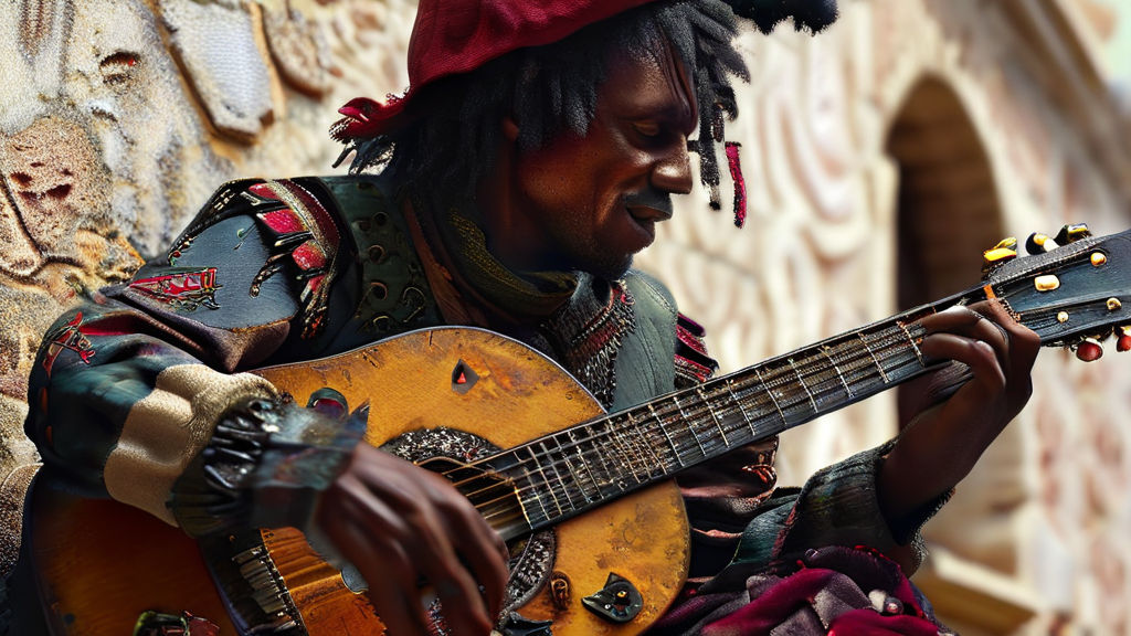 A greasepainted minstrel wearing a jester´s motley playing a... by ...