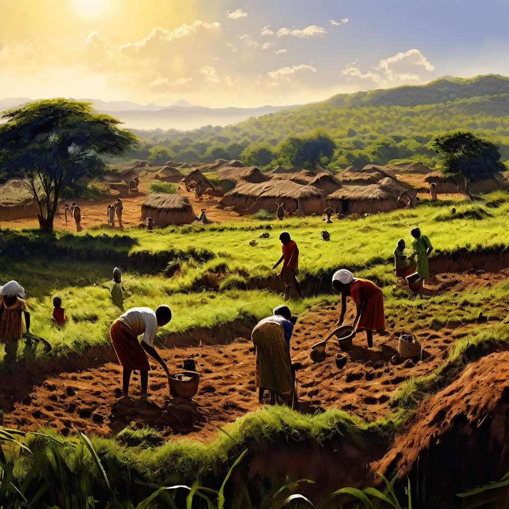 Many Villagers digging small holes in the fertile soil aroun... by ...