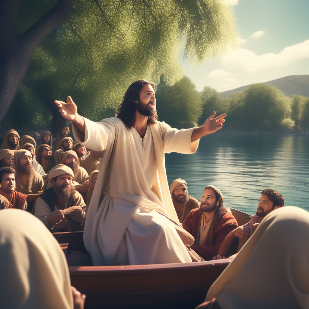 Jesus teaching on the lakeshore in a small boat to a crowd by Dayana ...