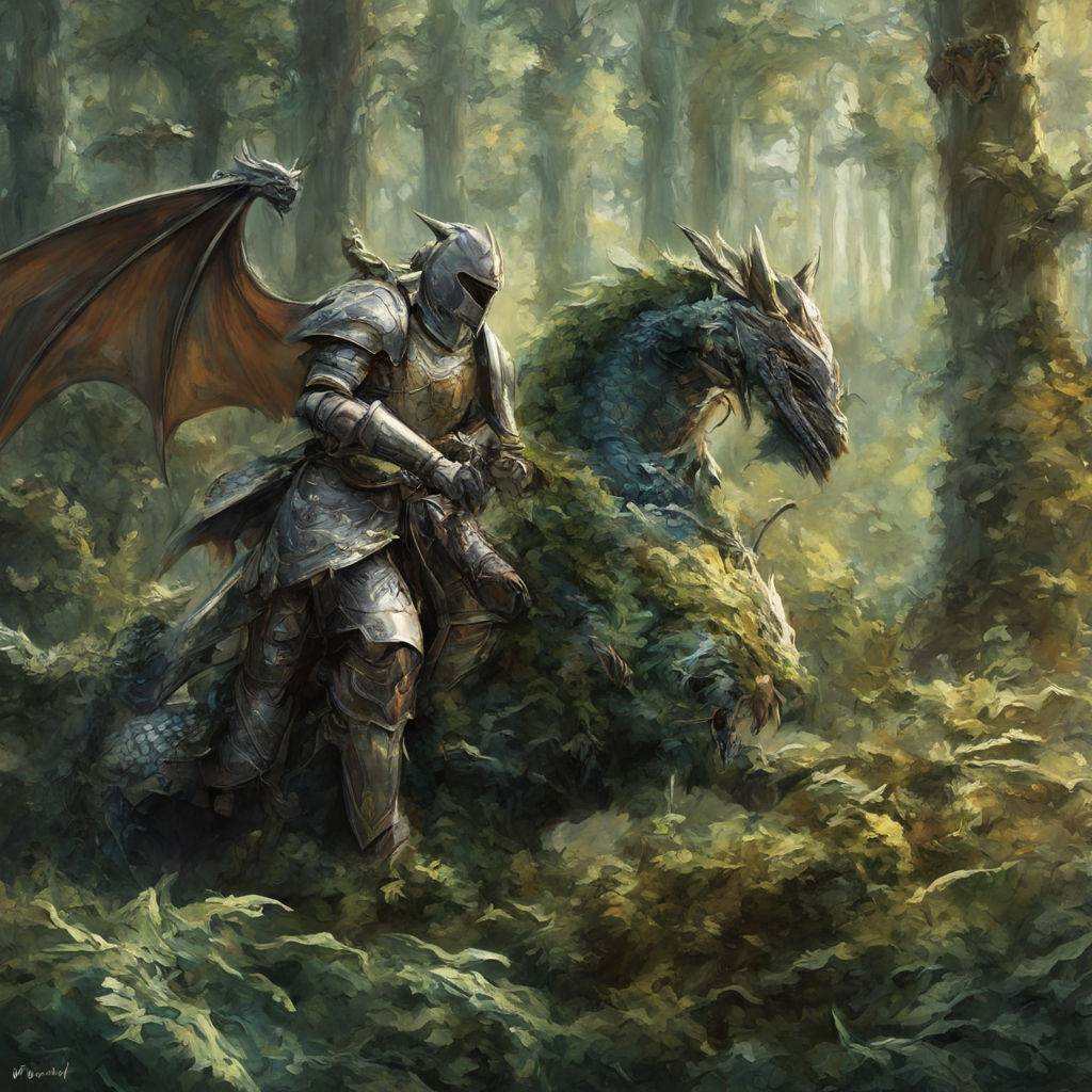 Medieval painting of two knights approaching a dragon curled... by ...