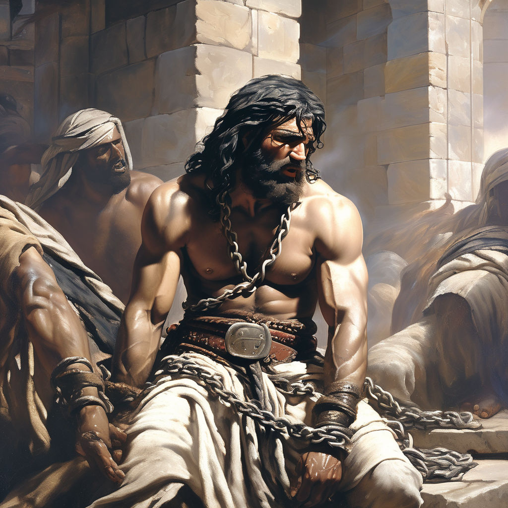 Samson blinded and chained while being taken to grind in the... by Diaz ...