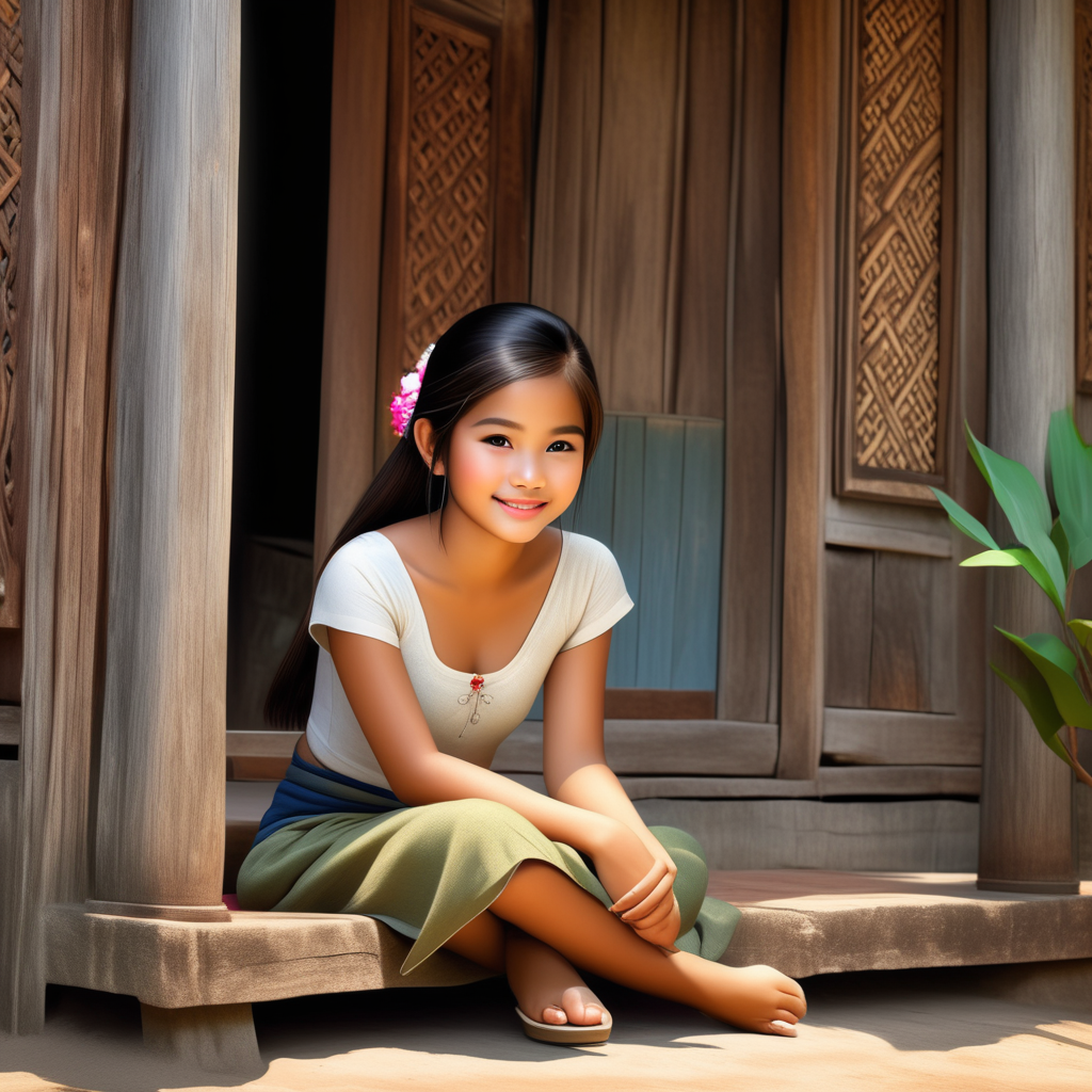 Beautiful thai teen girl sitting on the front porch of her o... by ...