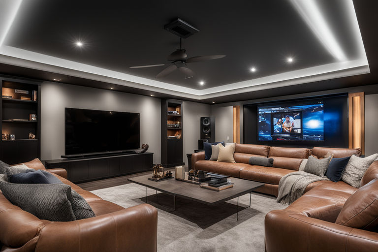 High-tech family room with a state-of-the-art home theater s... by ... High-tech family room with a state-of-the-art home theater s... by ...