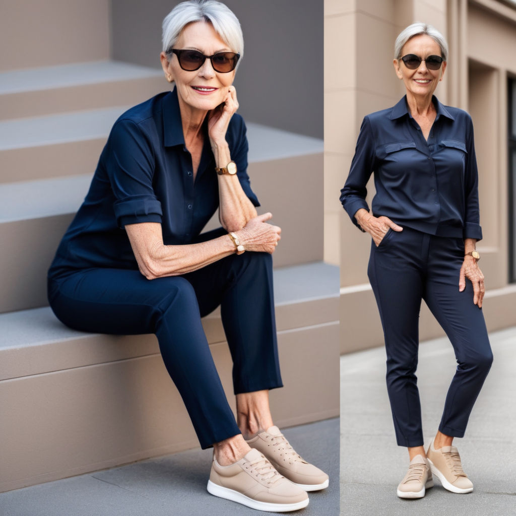 Classy 50 year old slim woman wearing all-navy outfit Beige ... by ...
