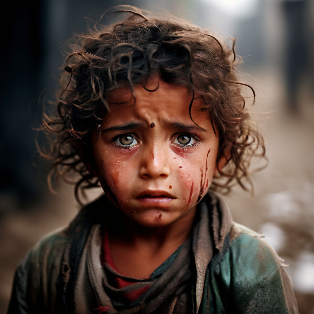 A picture of a child crying from hunger in Gaza reflects the... by Sara ...