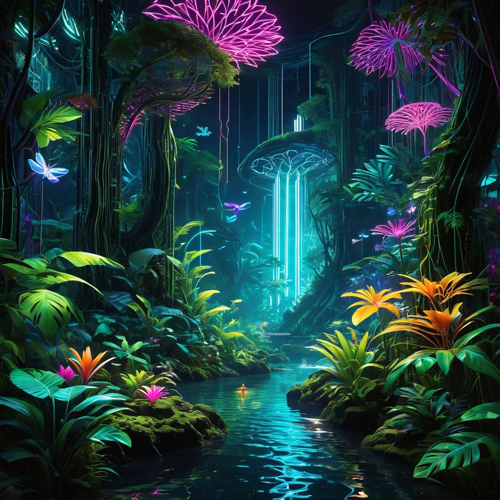 A neon-lit jungle with glowing flora and fauna by Wiki - Playground