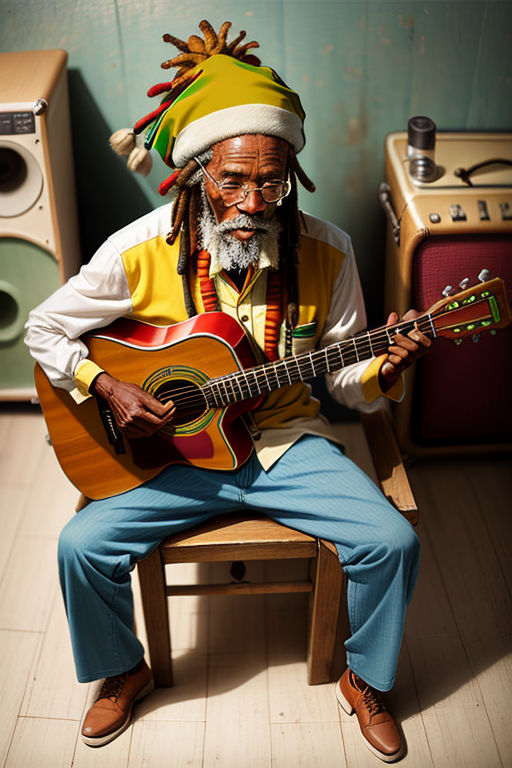Top view. jamaican old rasta man playing a guitar. Looking t... by ...