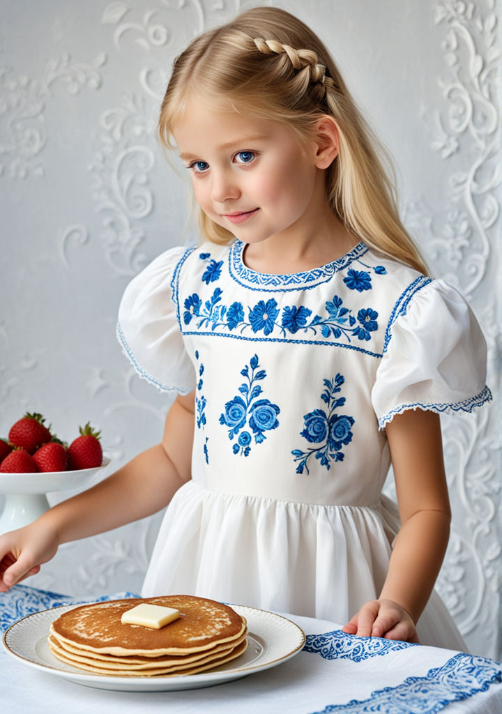 A 7-year-old Russian girl in a beautiful white embroidered d... by ...