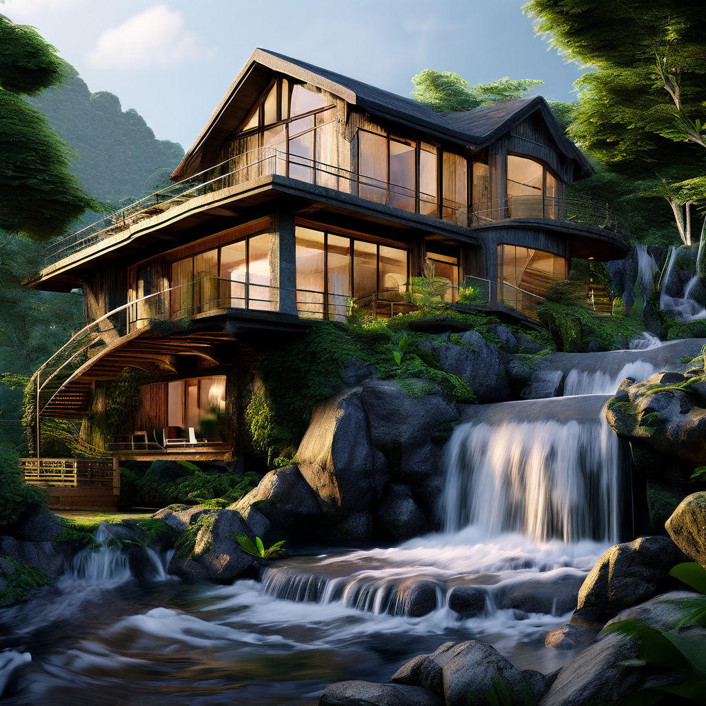 A beautiful house hyper realistic and a waterfall by Tom - Playground